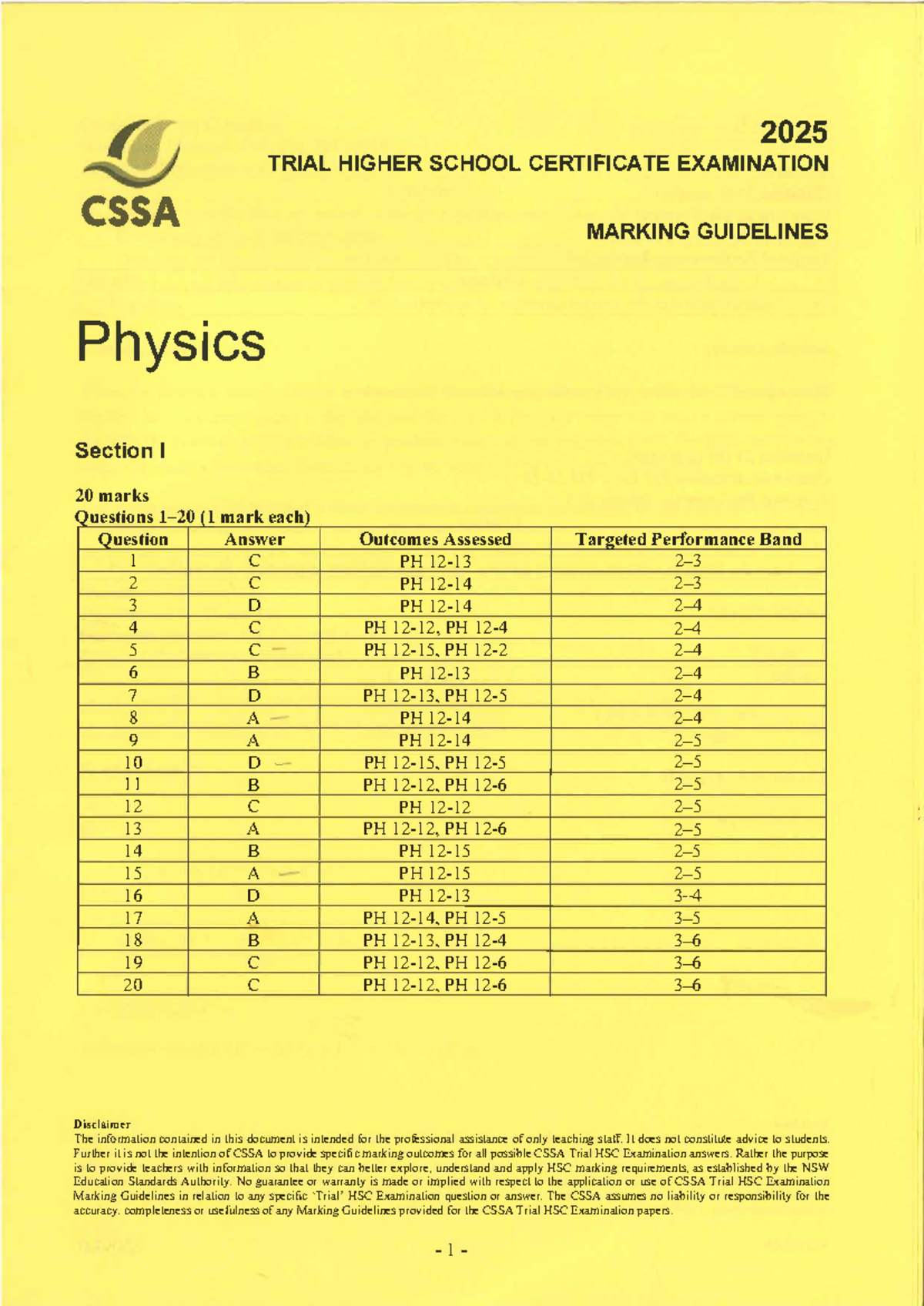 2025 CSSA Physics Trial HSC Exam Marking Guidelines - Studocu