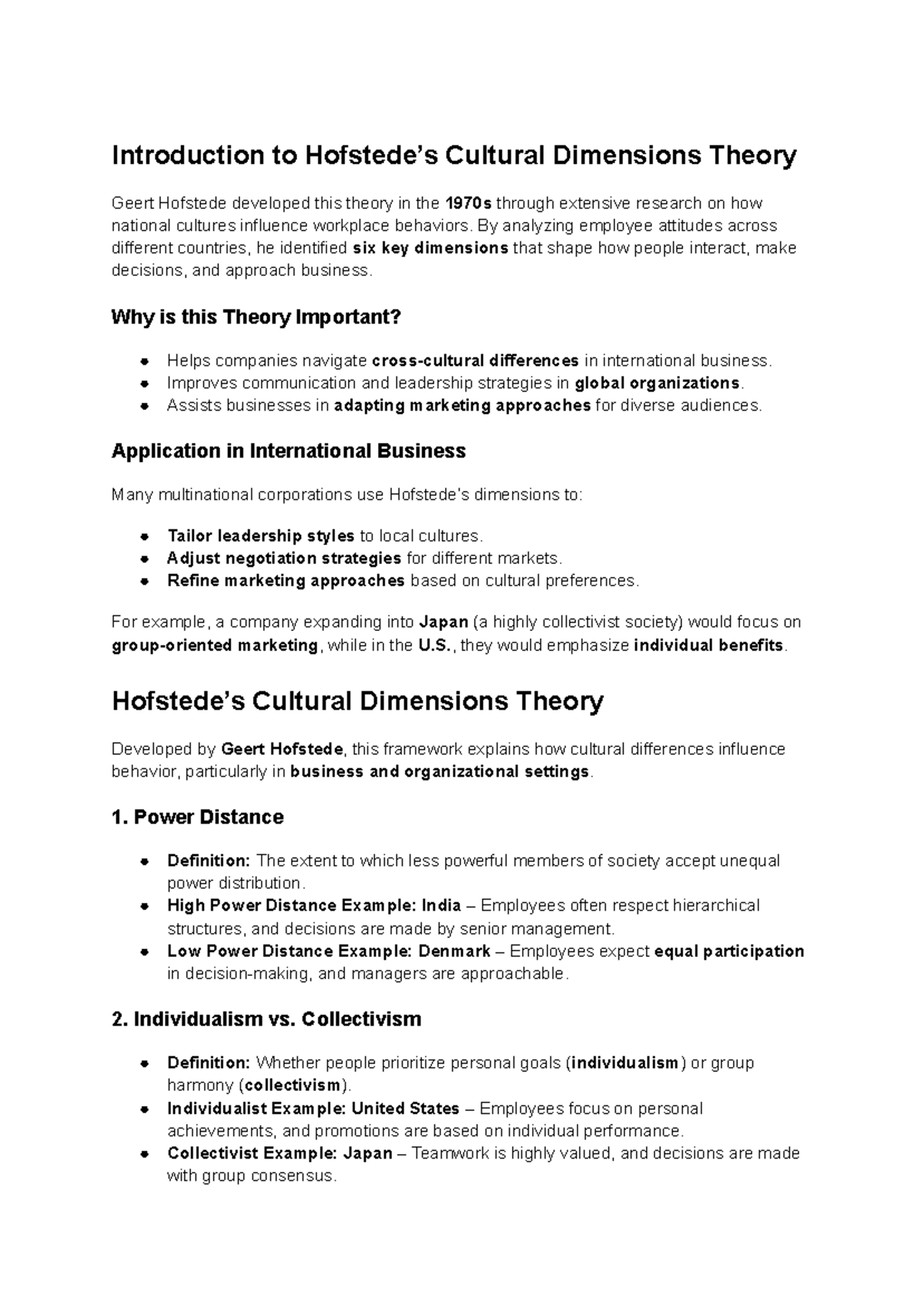 IB-Final Notes: Understanding Cultural Dimensions in Global Business ...