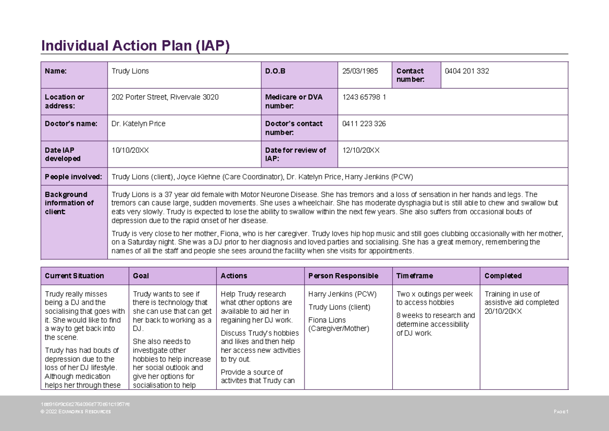 Individual Action Plan for Disability Support - Trudy Lions (ID 2016 33 ...