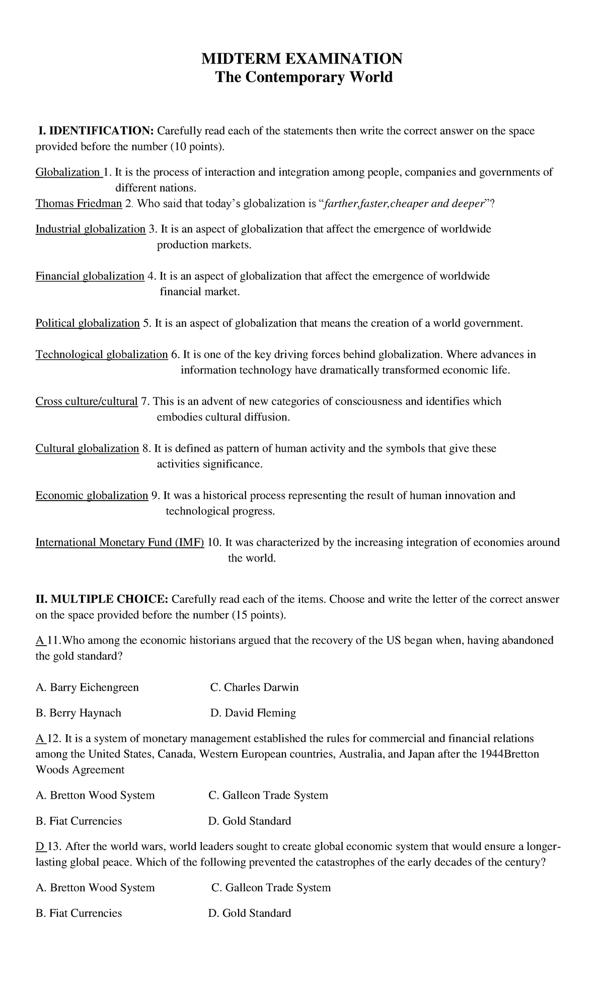 The Contemporary World Practice Exam or Reviewer - MIDTERM EXAMINATION ...