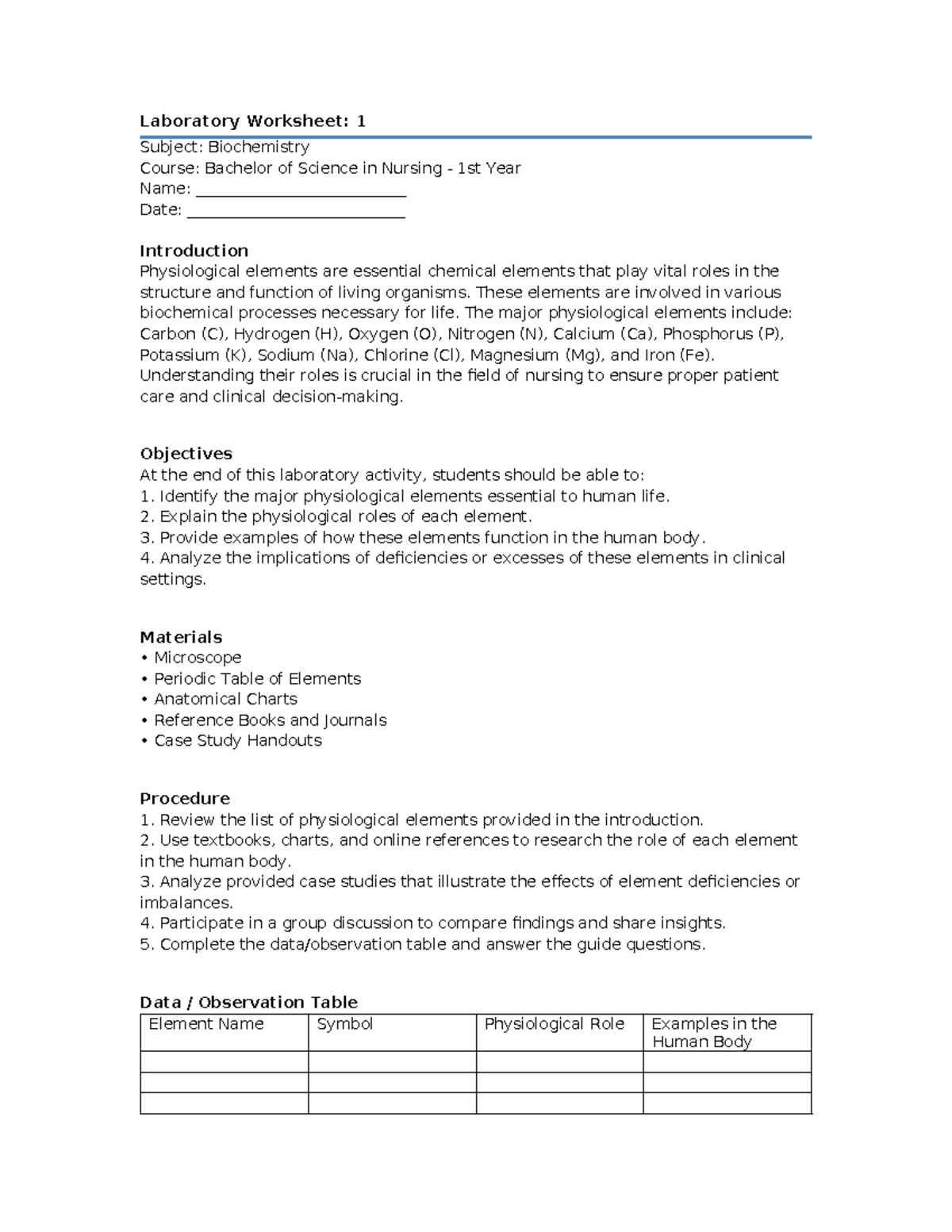 Biochemistry Lab Worksheet: Physiological Elements for Nursing 1st Year ...