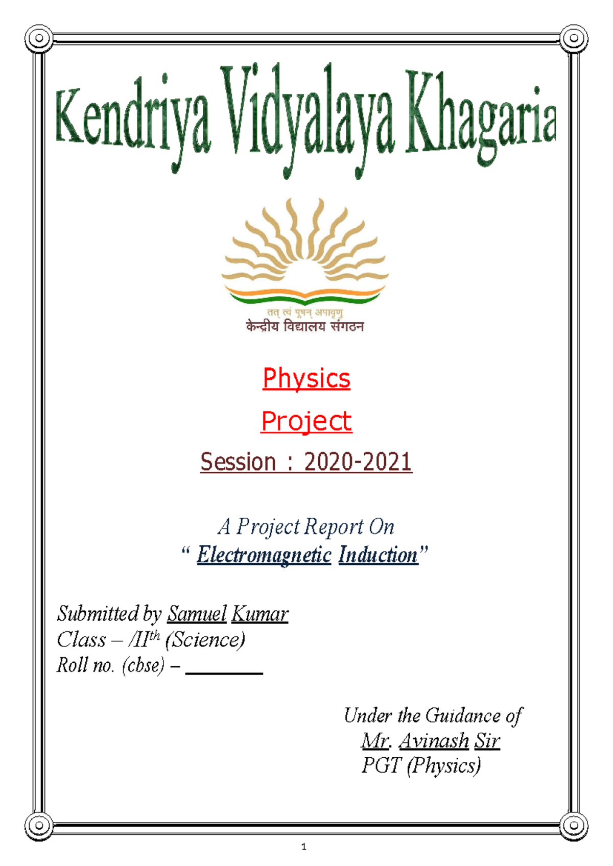 Physics Project Report: Electromagnetic Induction (Class XII) - Studocu