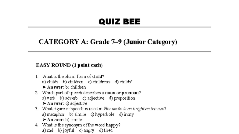 QUIZ BEE: Junior Category Easy, Average, and Difficult Rounds - Studocu