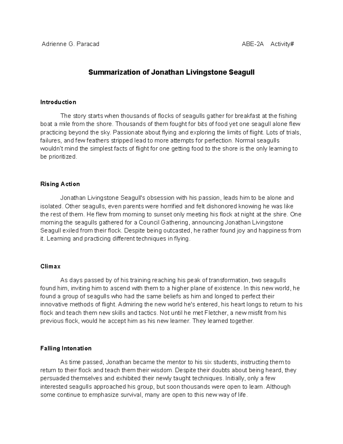Jonathan livingstone - an essay about a seagull - Adrienne G. Paracad ...