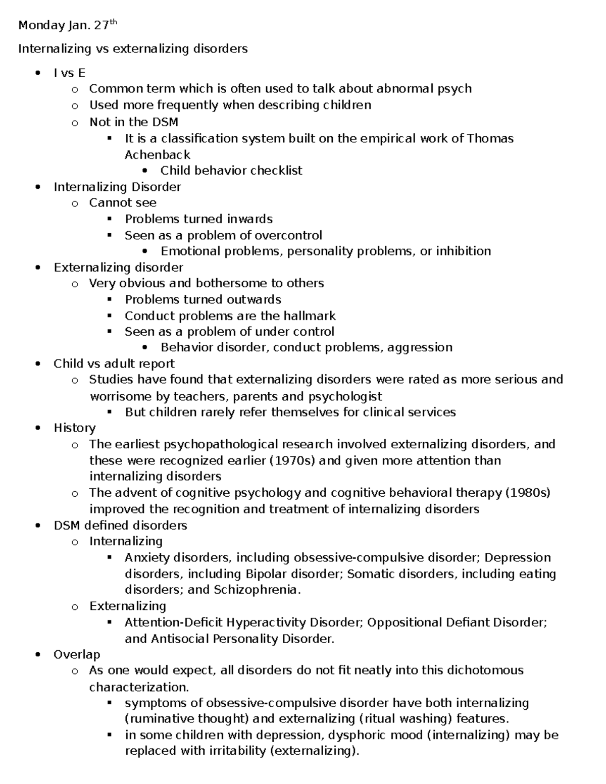 PSY 101: Exam 1 - Internalizing vs Externalizing Disorders Overview ...