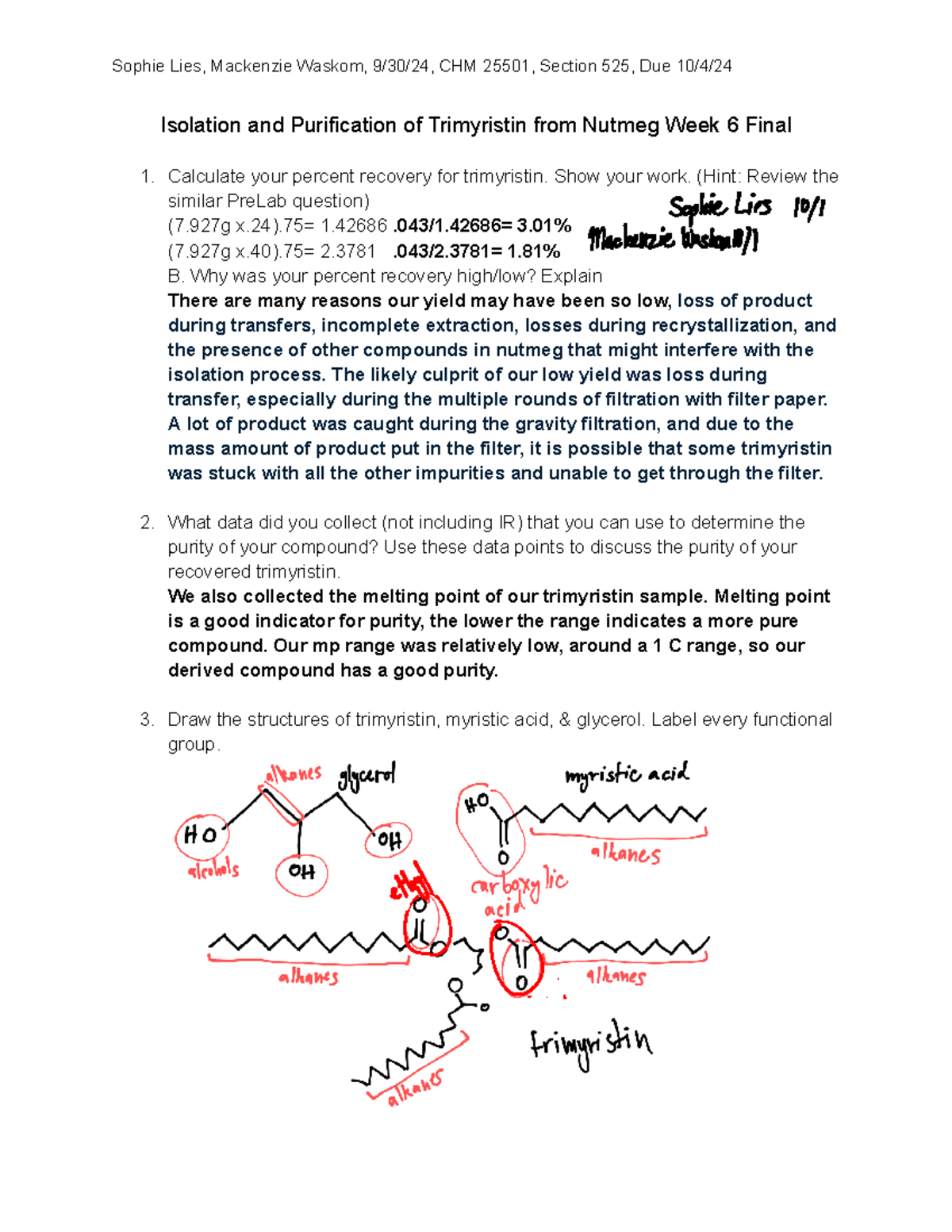 Trimyristin Percent Recovery