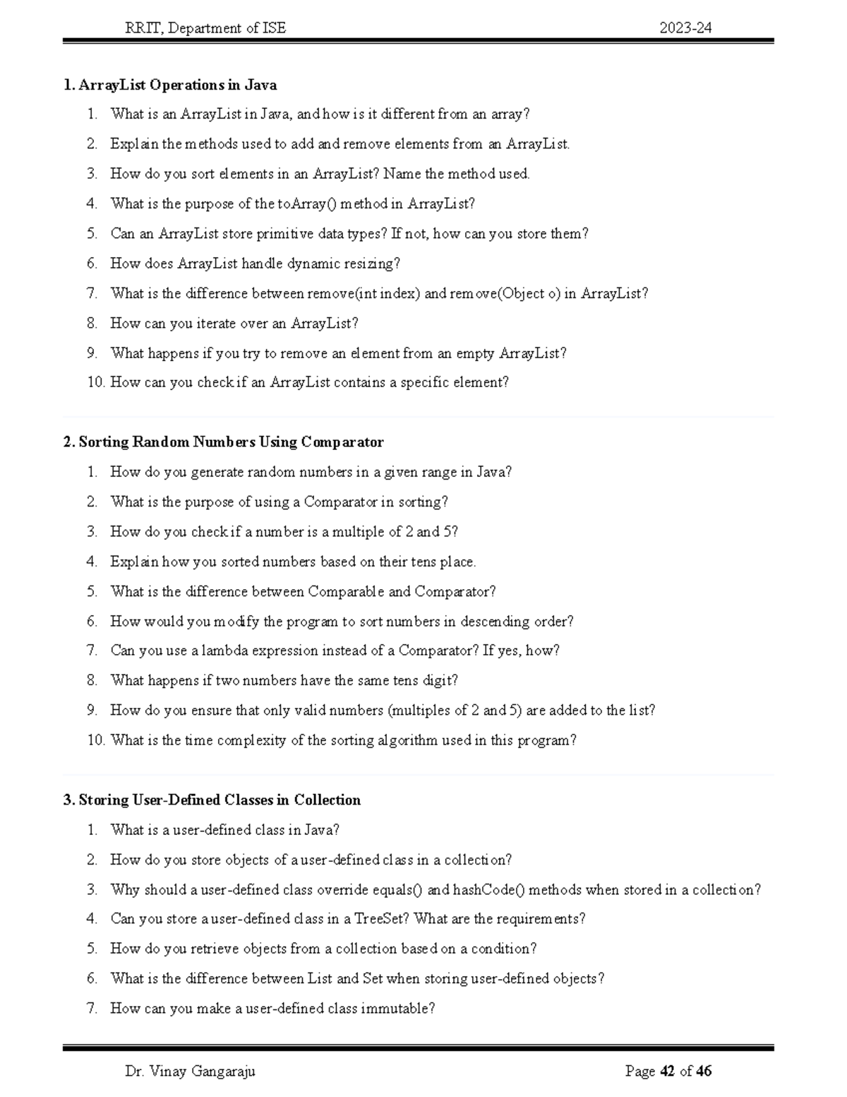 RRIT ISE JAVA LAB VIVA Questions: ArrayList, Collections, and JDBC ...