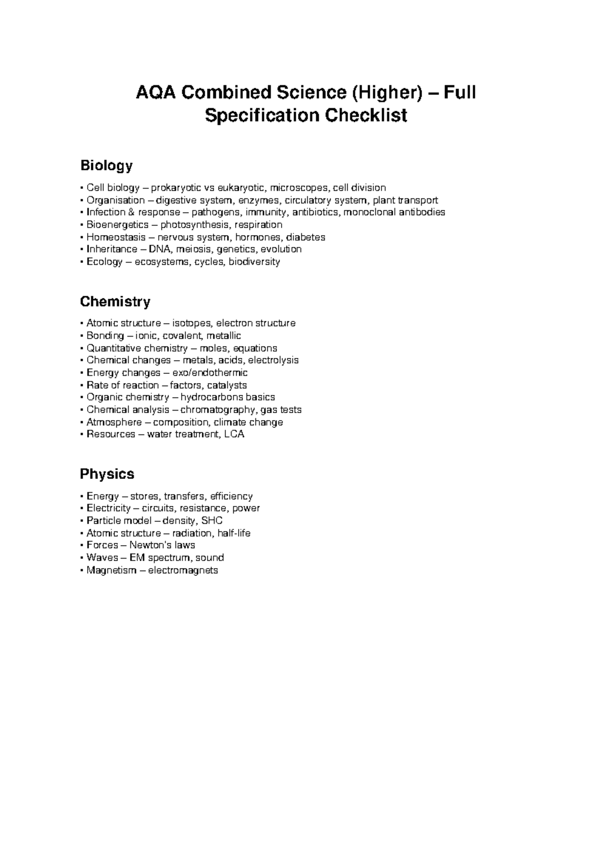 AQA Combined Science (Higher) Full Specification Checklist - Studocu