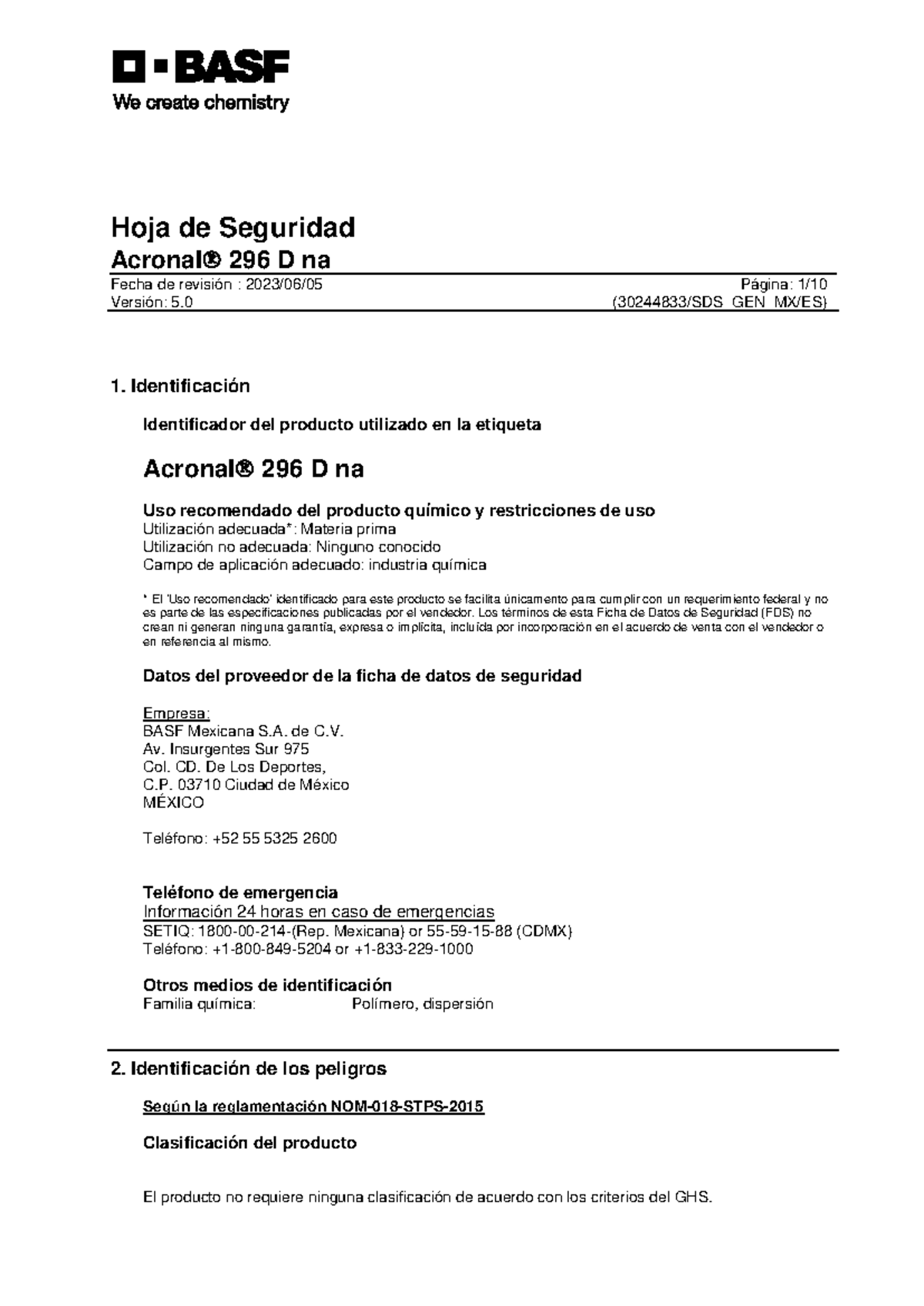 Hoja de Seguridad Acronal® 296 D na - FDS Versión 5.0 - Studocu