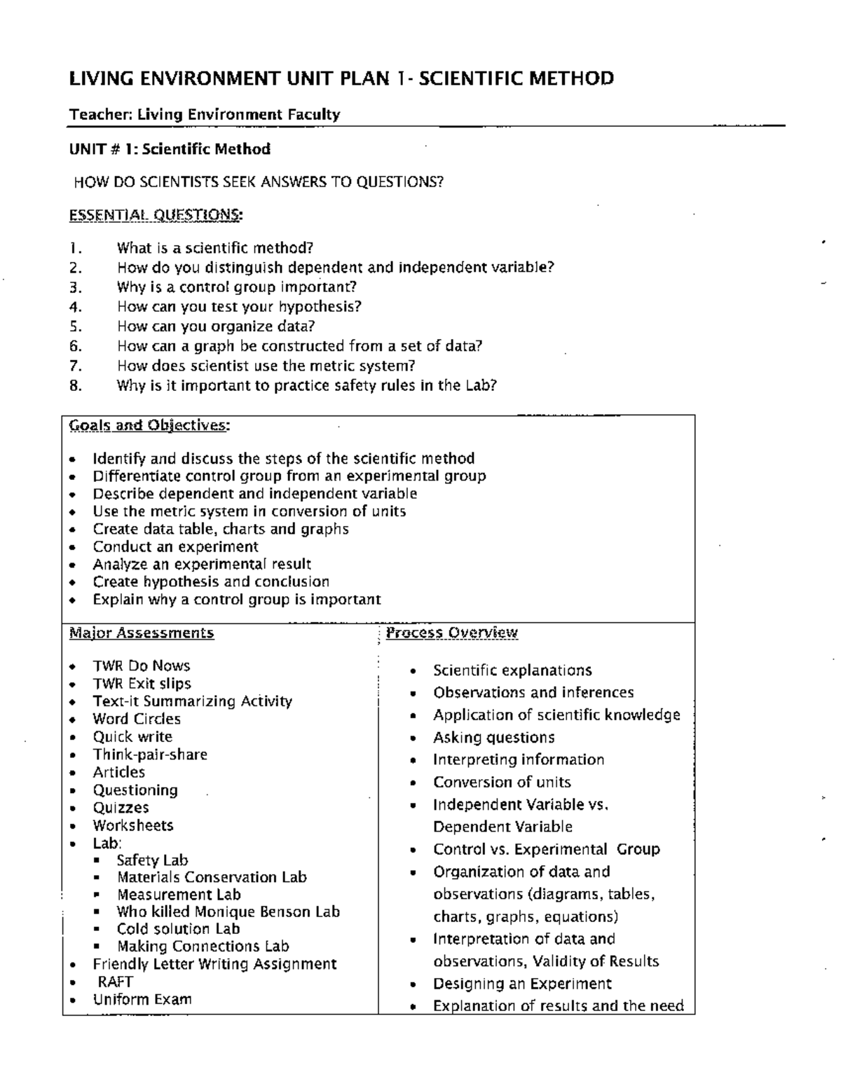 Biology review packet 2 - LIVING ENVIRONMENT UNIT PLAN 1 SCIENTIFIC ...