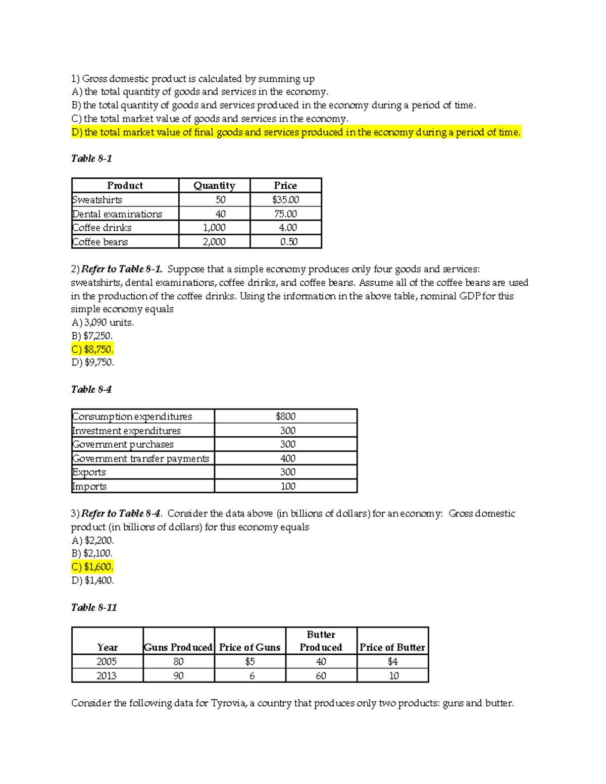 Practice final answer - Gross domestic product is calculated by summing ...