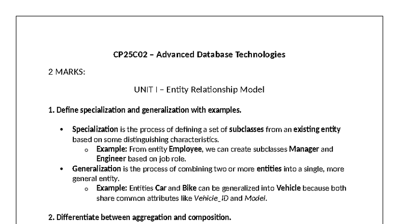 CP25C02 Advanced Database Technologies: Unit I & II Notes - Studocu