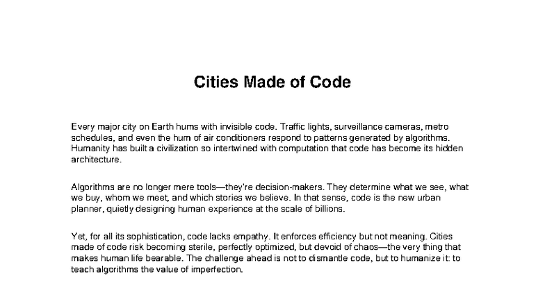 Cities Made of Code: Humanizing Algorithms in Urban Life - DSWD - Studocu