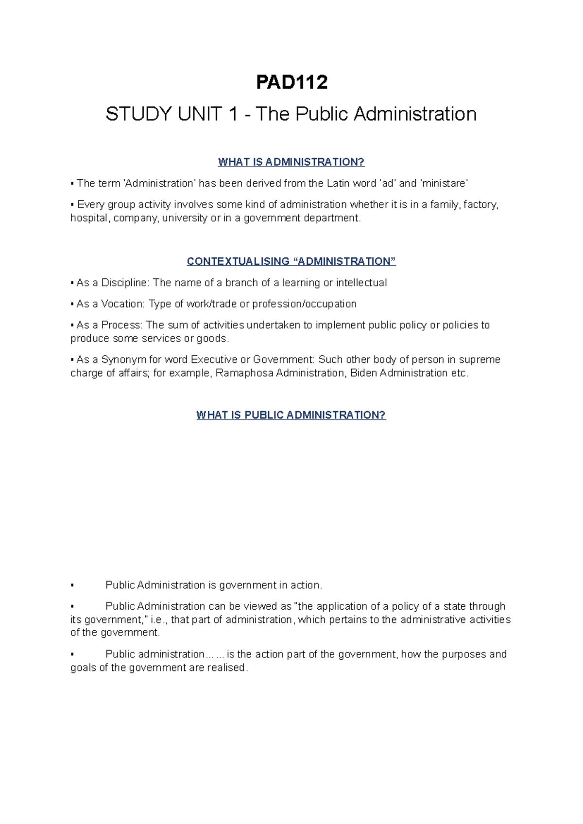 PAD112 - Study Unit 1 Summary: Understanding Public Administration - Studocu