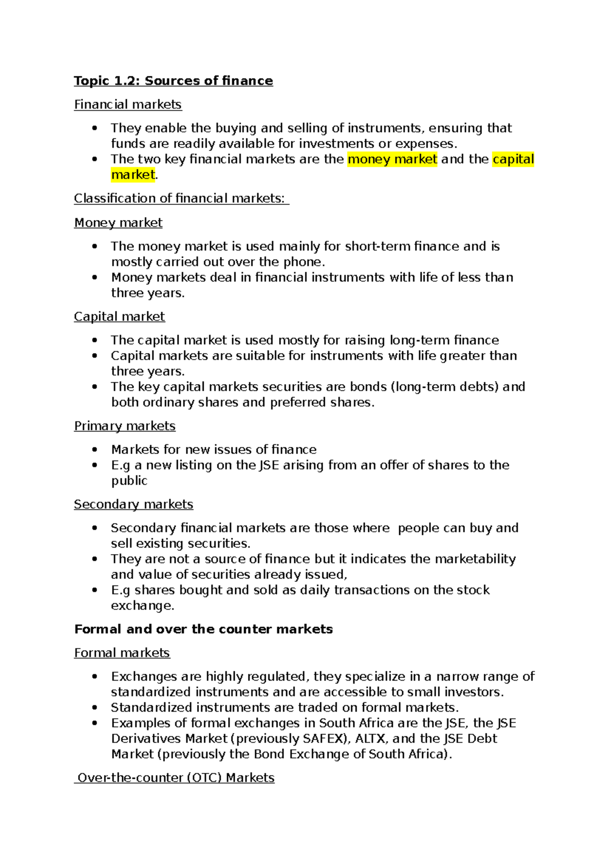 Topic 1 - Summary of Financial Markets and Sources of Finance (FIN 201 ...