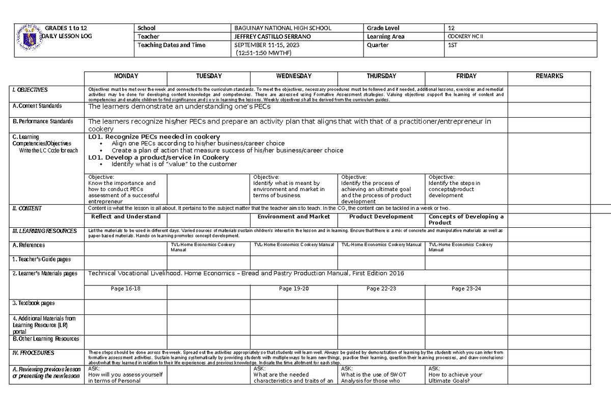 DLL Cookery 12 Q1 W3 - daily lesson log - GRADES 1 to 12 DAILY LESSON ...