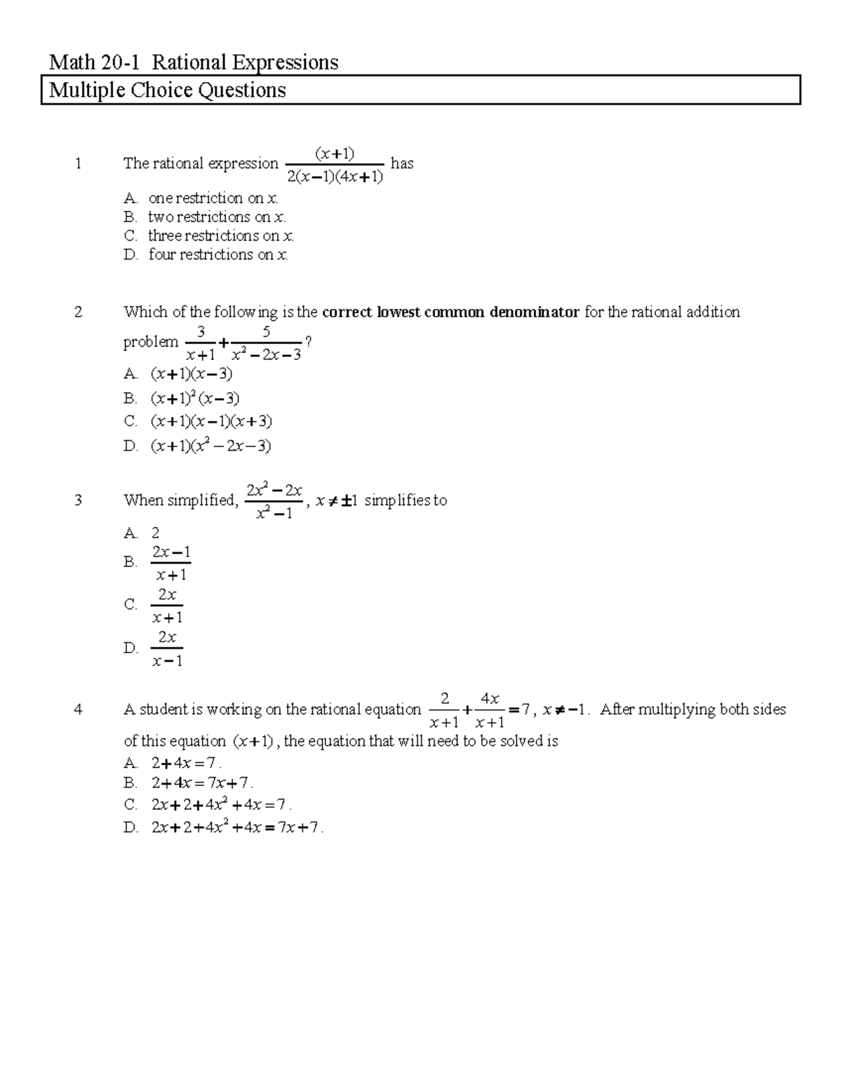 Math 20-1 Final Exam Notes: Rational Expressions and Solutions - Studocu