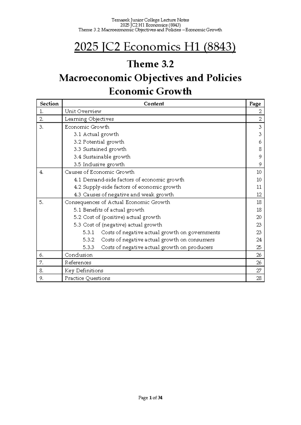 2025 JC2 H1 Economics (8843) Lecture Notes on Economic Growth and ...