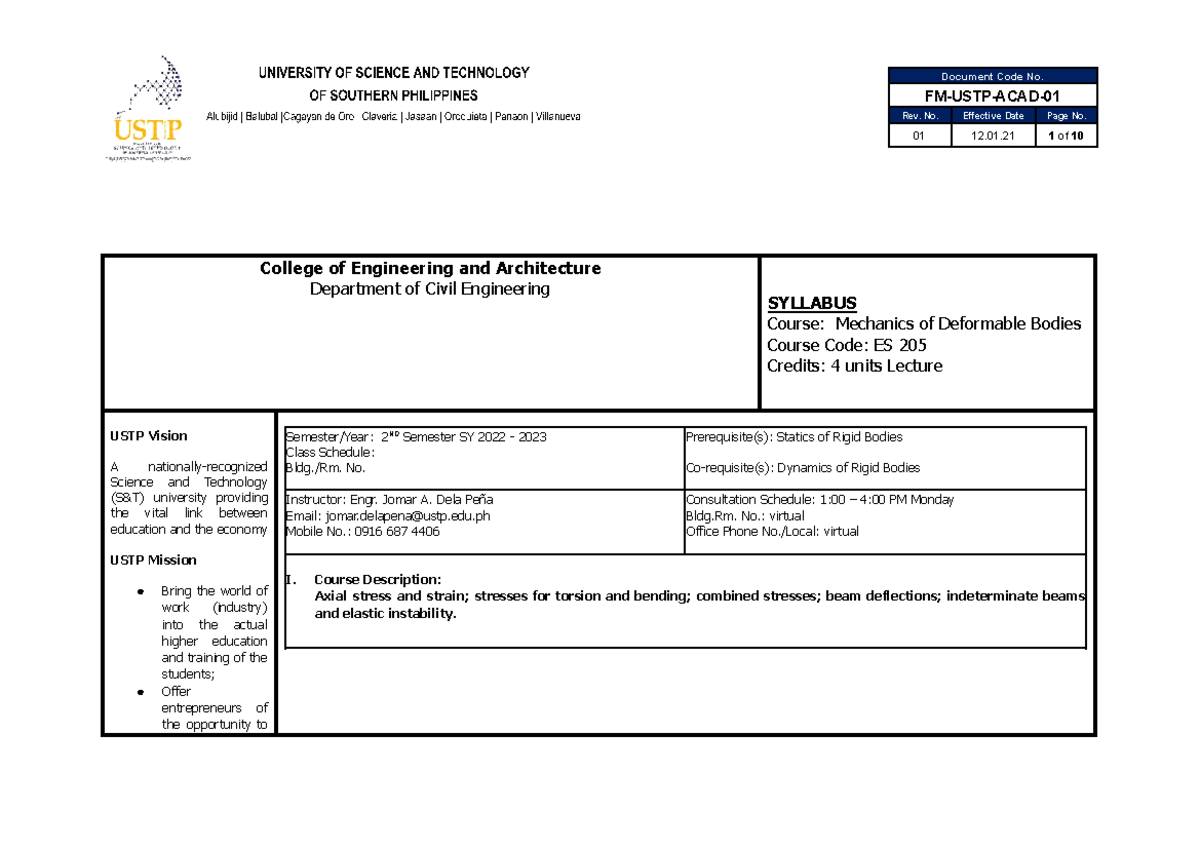 Syllabus for ES 205: Mechanics of Deformable Bodies - 2nd Sem 2022-2023 ...