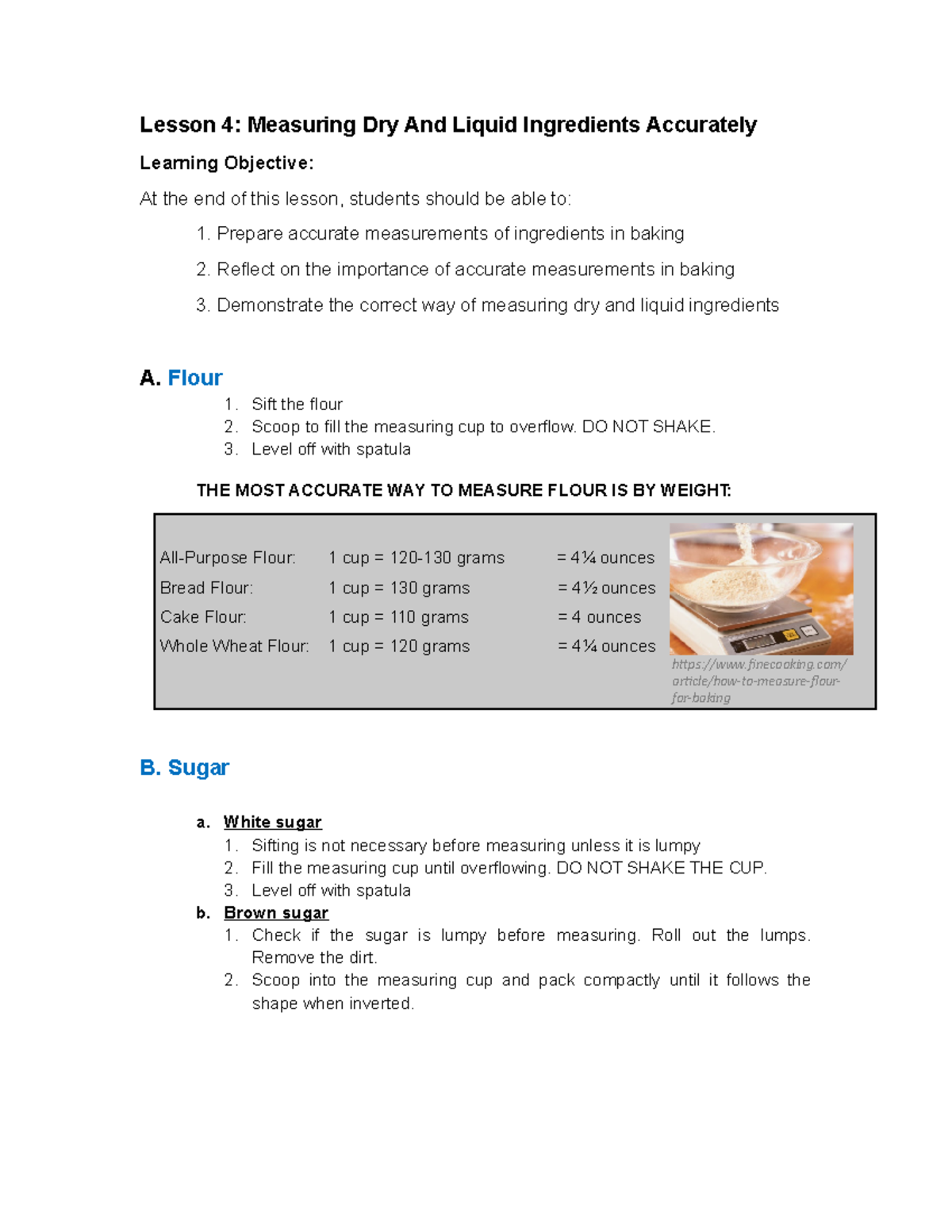 Lesson 4 module 1 - Lesson 4: Measuring Dry And Liquid Ingredients ...