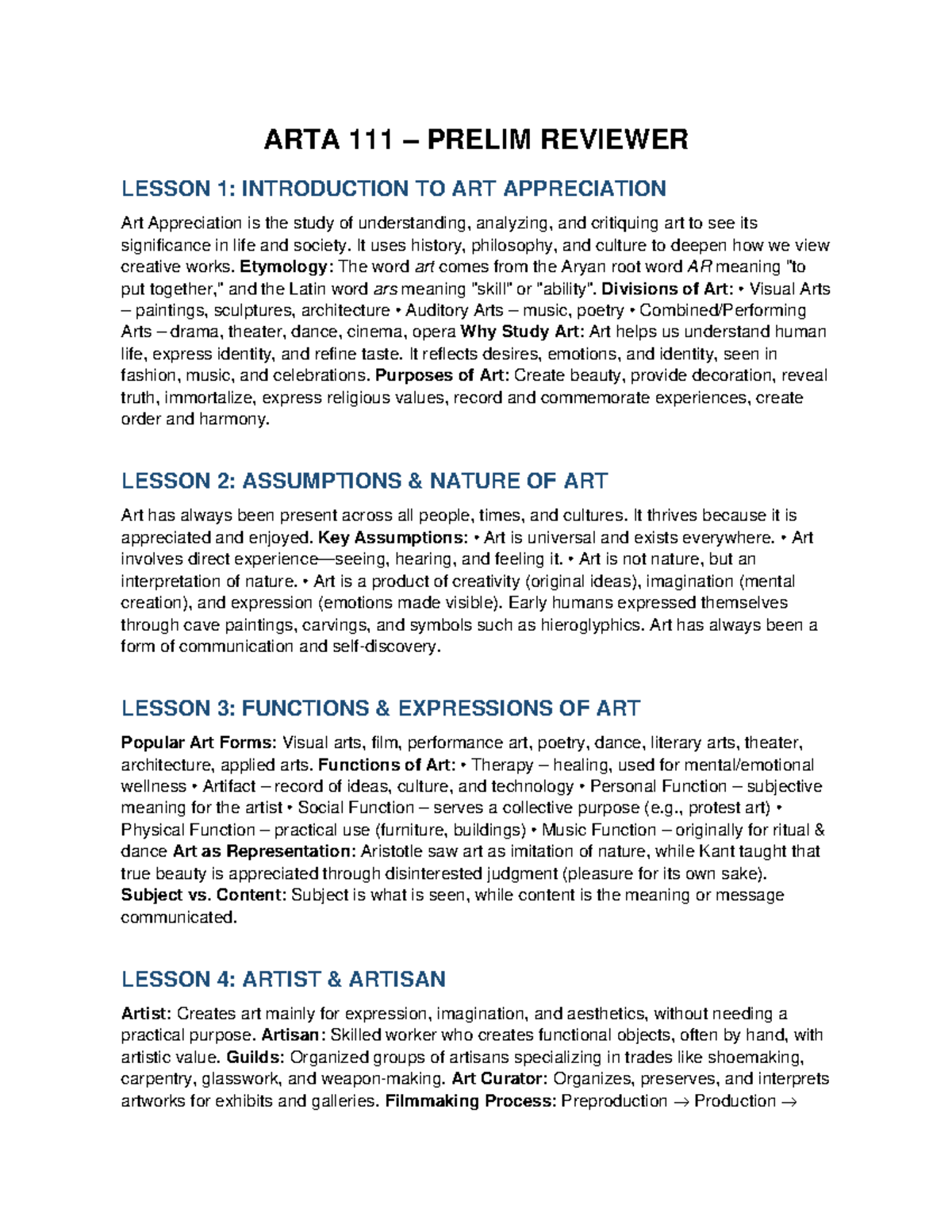 ARTA111 Prelim Reviewer: Intro to Art Appreciation & Functions - Studocu