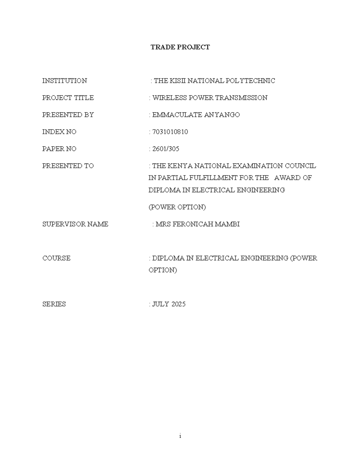 DIPLOMA IN ELECTRICAL ENG (POWER OPTION) WIRELESS POWER TRANSMISSION ...