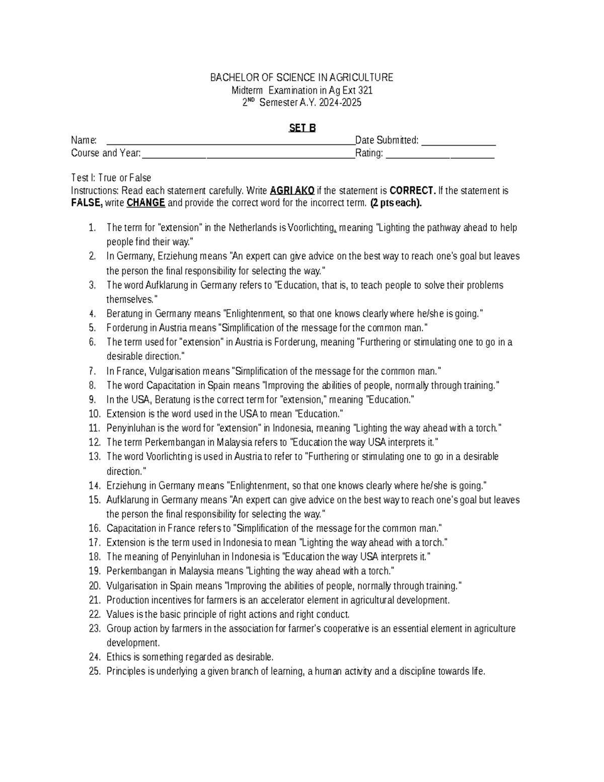 Midterm Exam in Ag Ext 321 - SET B Practice Exam - Studocu