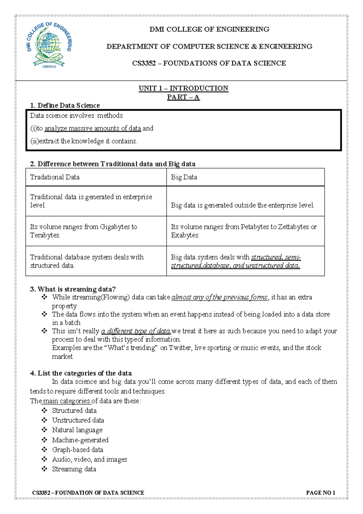 CS3352 Foundations of Data Science: Comprehensive Question Bank for All ...
