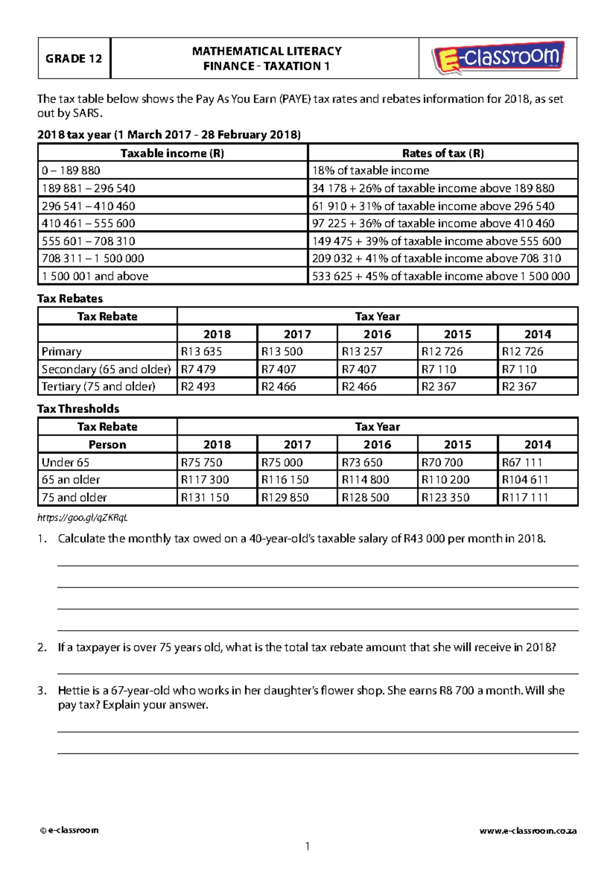 Worksheet 4 Financial Documents and Tariff Systems Grade 12 Math Lit ...