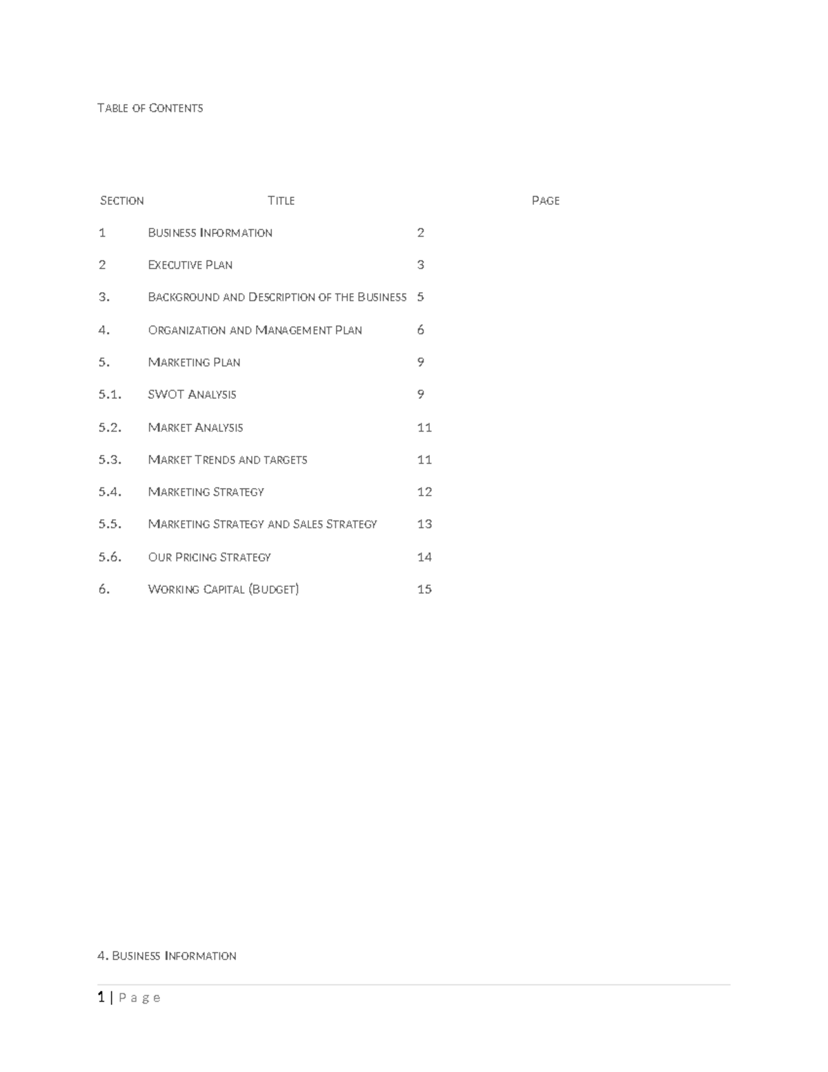 BUS 101: Business Plan Table of Contents - Studocu