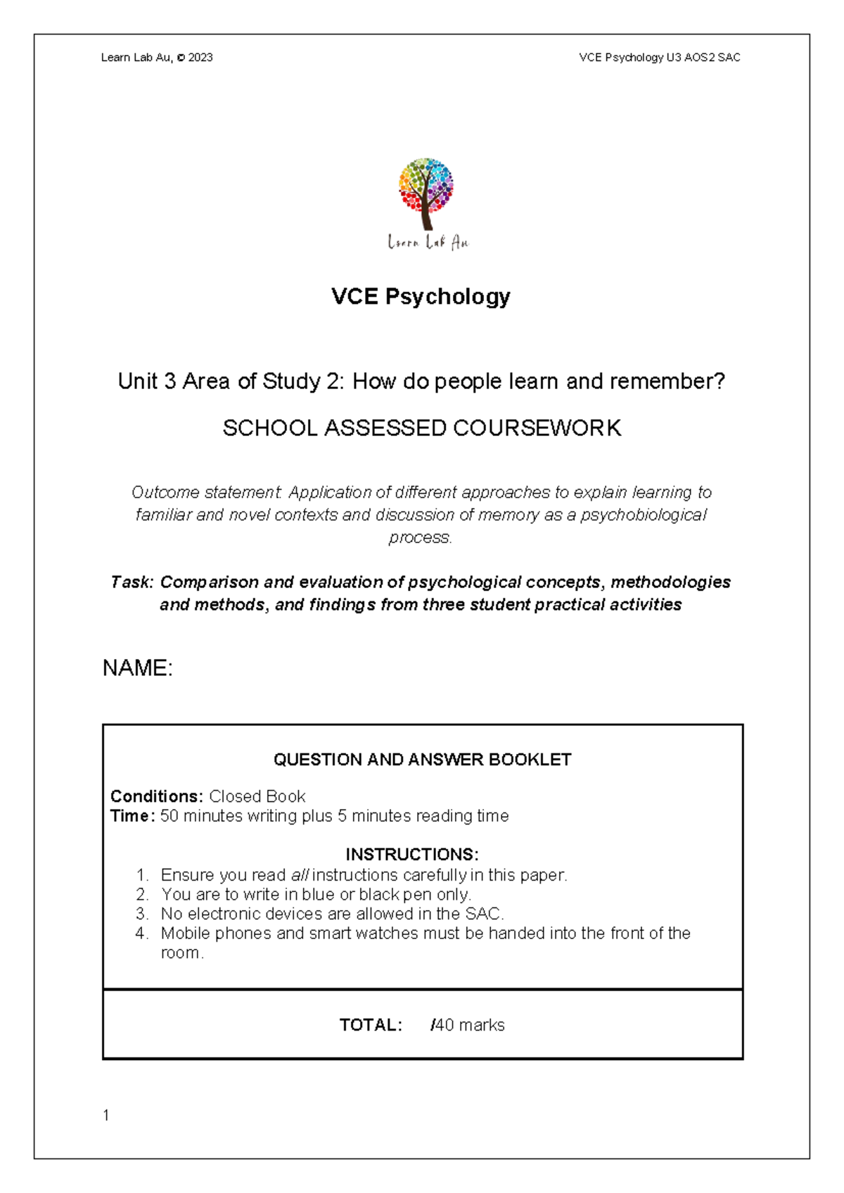 2023 VCE Psychology U3 AOS2 SAC: Learning and Memory Practical ...