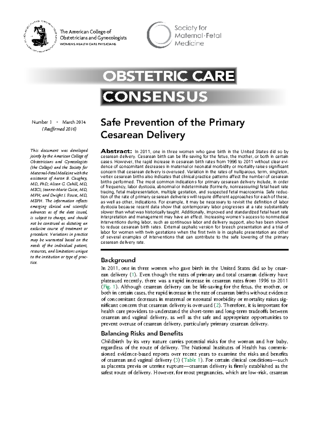 Safe Prevention of Primary Cesarean Delivery - ACOG Consensus No. 1 ...
