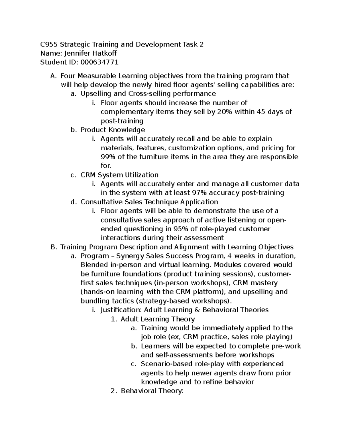 D353 Strategic Training and Development Task 2: Enhancing Floor Selling ...