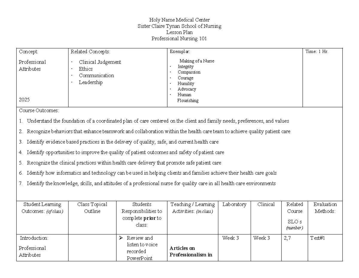 Professional Nursing 101: Lesson Plan on Attributes & Clinical ...