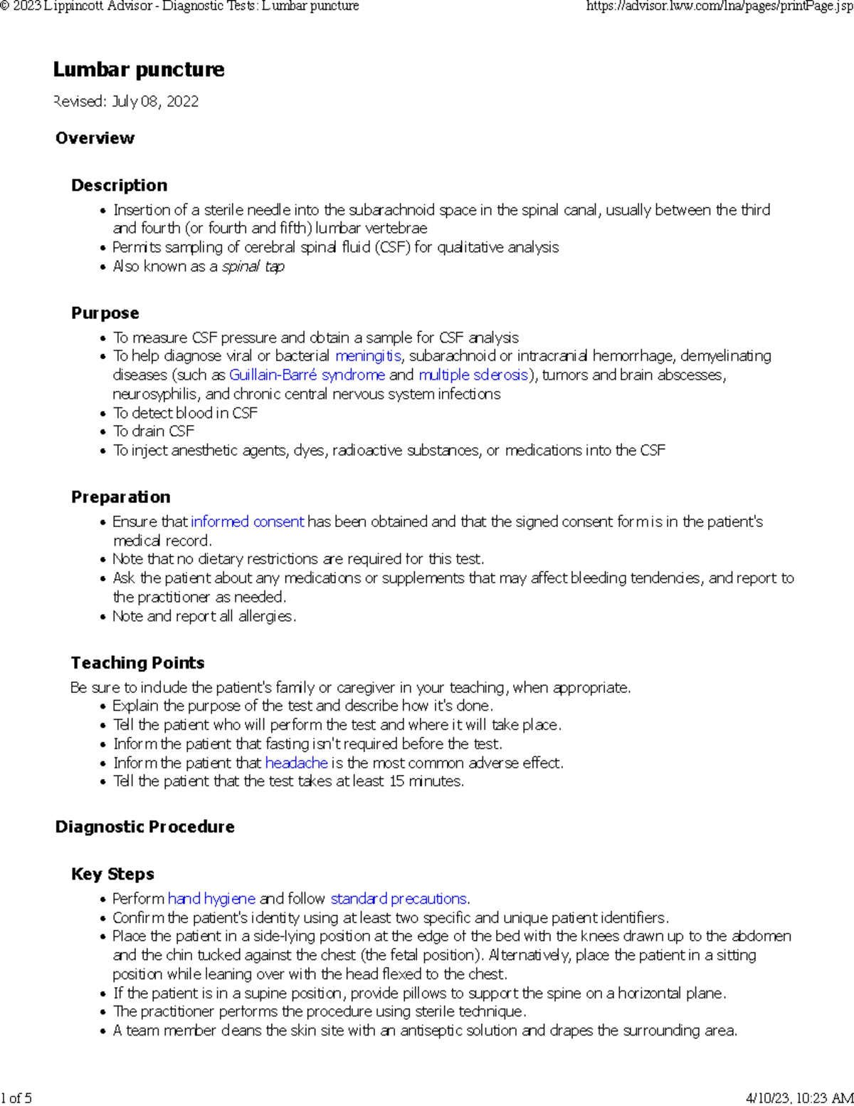 LP Lippincott Advisor - Diagnostic Tests Lumbar puncture - Lumbar ...