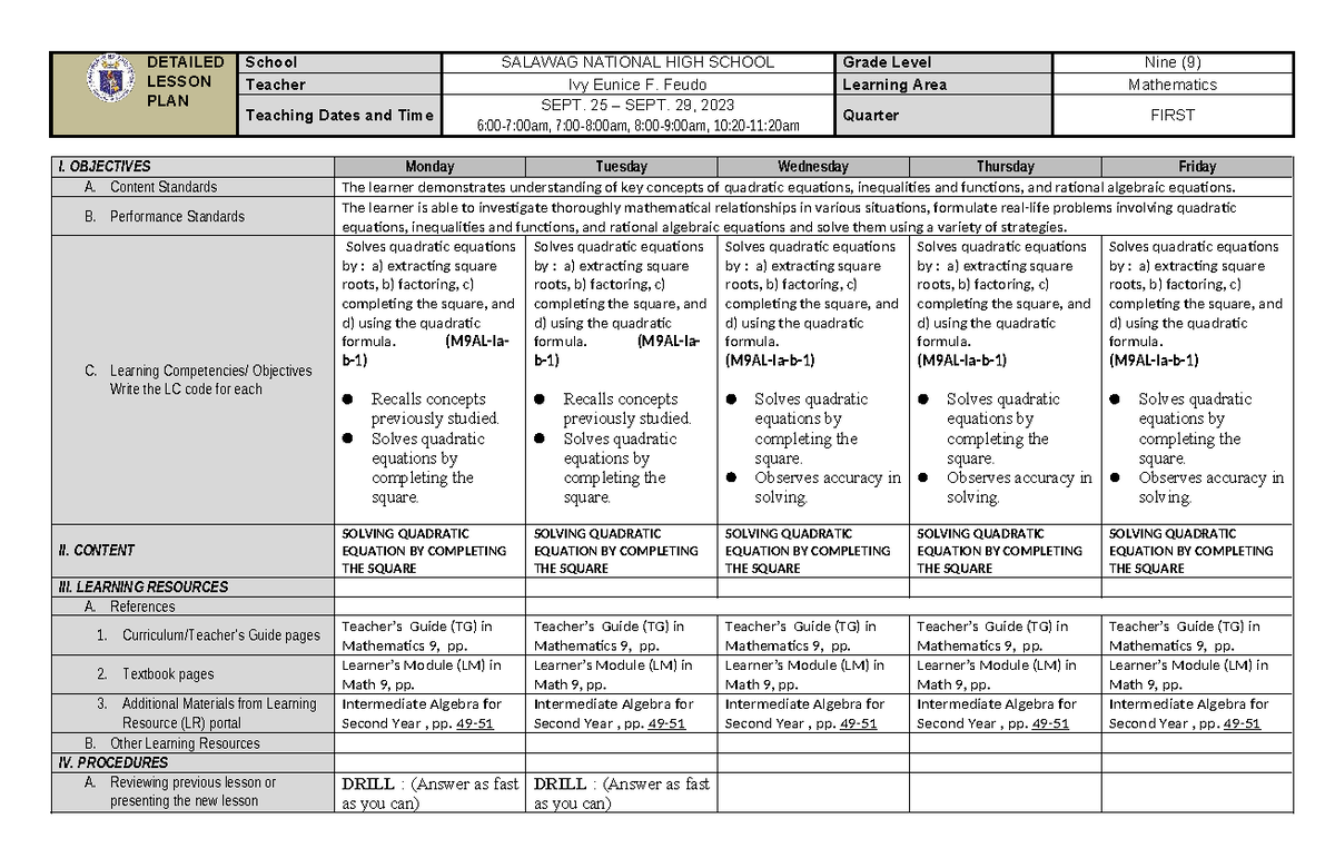 DLL MATH9 Week 5: Detailed Lesson Plan on Quadratic Equations - Studocu