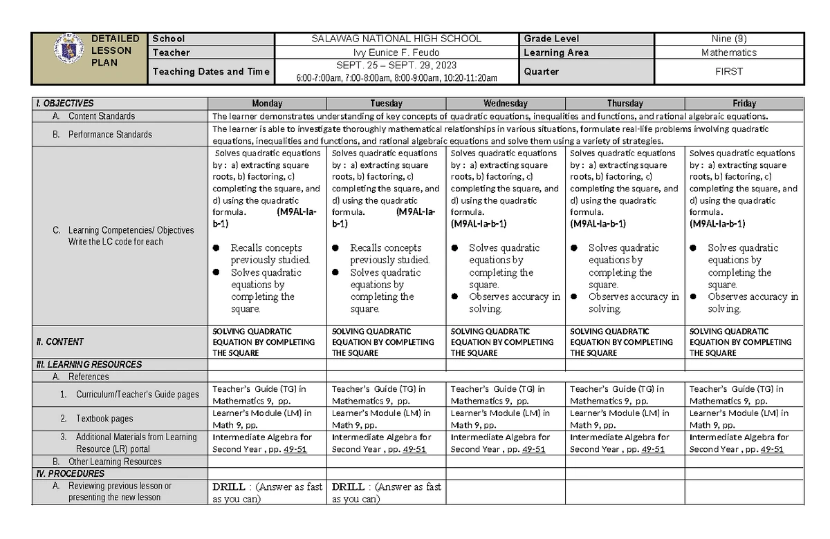 DLL MATH9 Week 4: Detailed Lesson Plan on Quadratic Equations - Studocu
