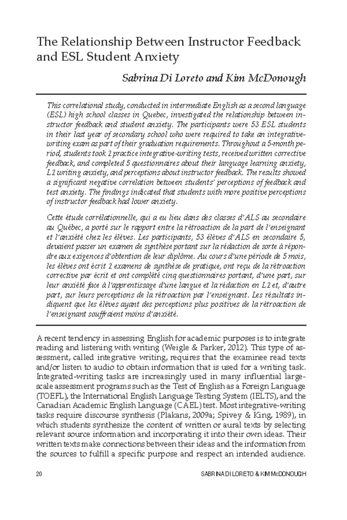The Impact of Instructor Feedback on ESL Student Anxiety: A ...