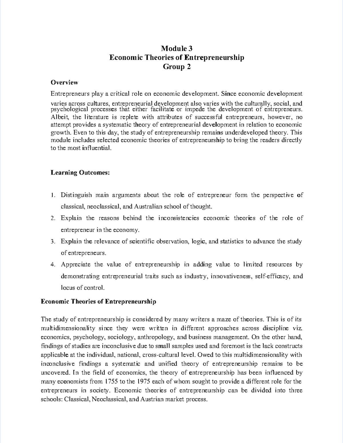 Economic Theories of Entrepreneurship - Module 3 Overview (Group 2 ...