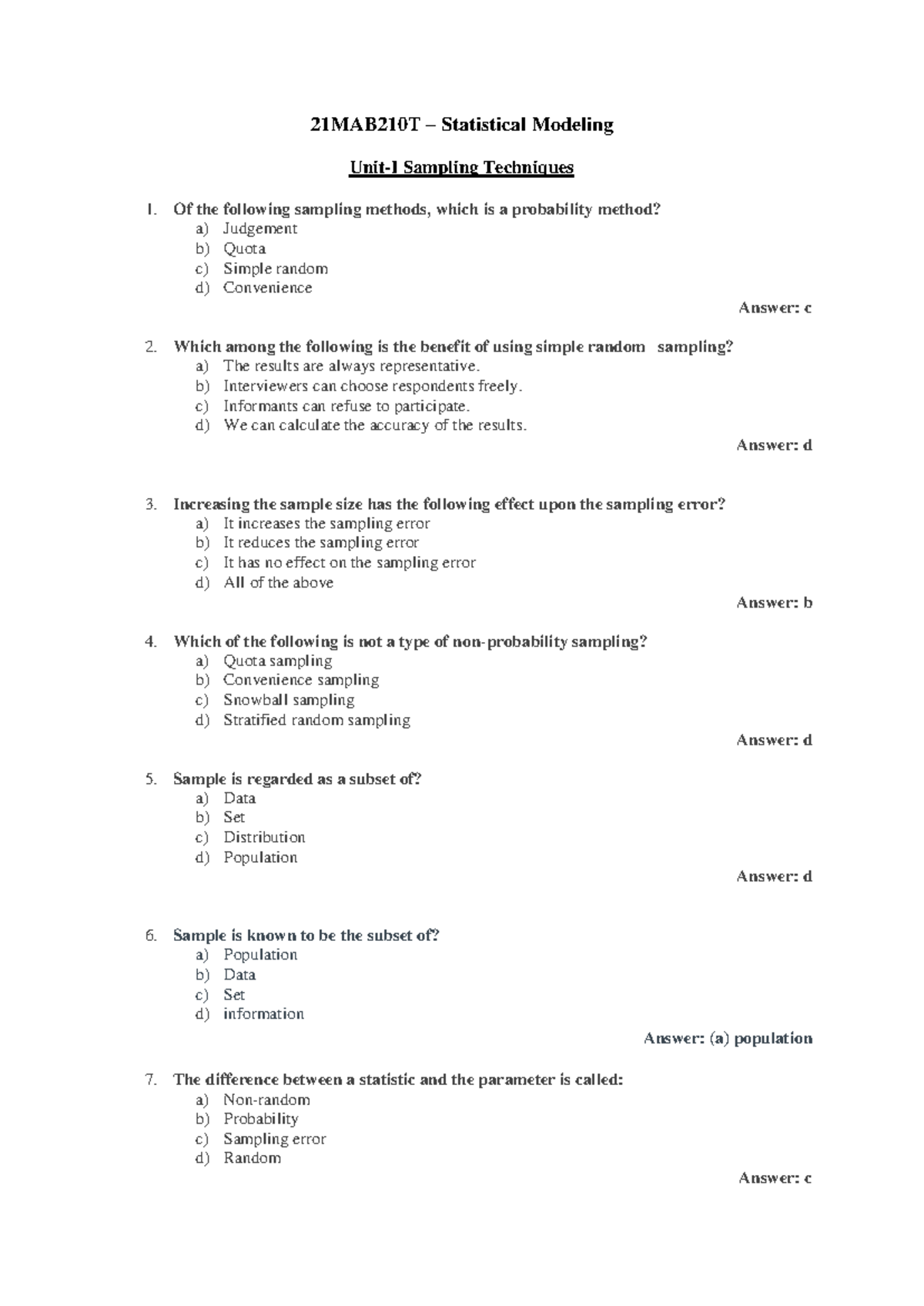 21MAB210T Statistical Modeling: MCQs on Sampling Techniques - Studocu