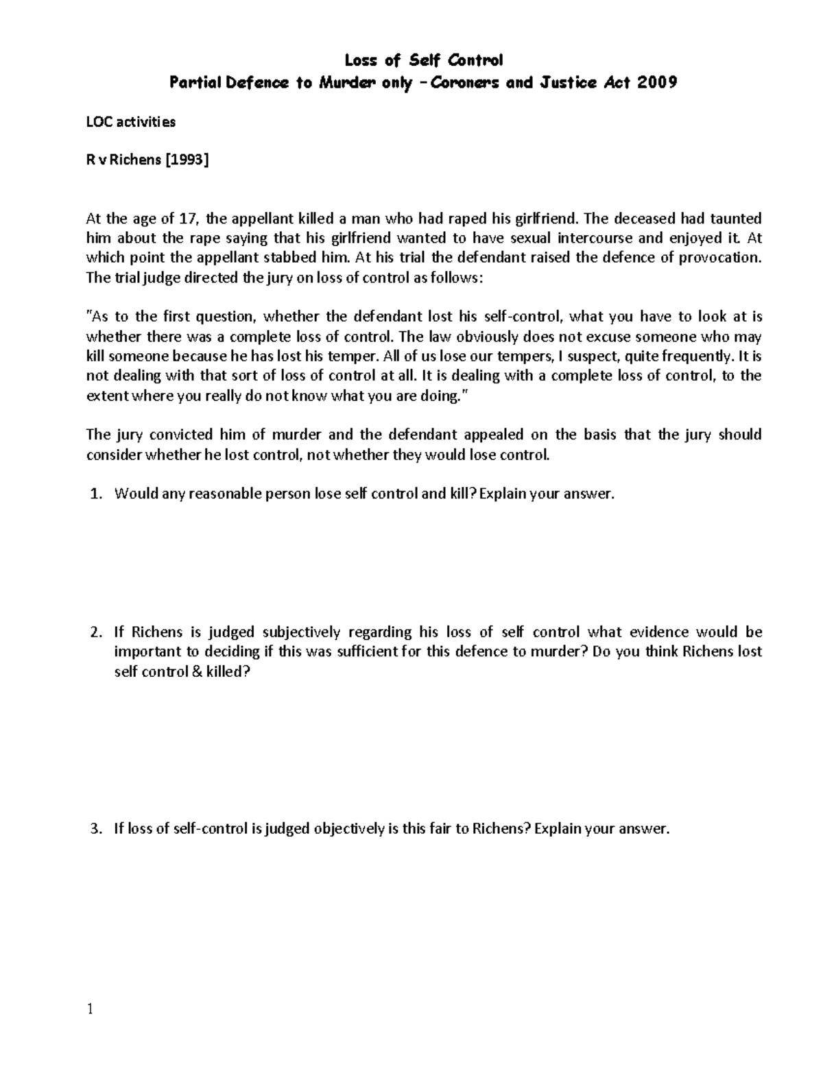 Loc-activities - LOC question - Partial Defence to Murder only ...