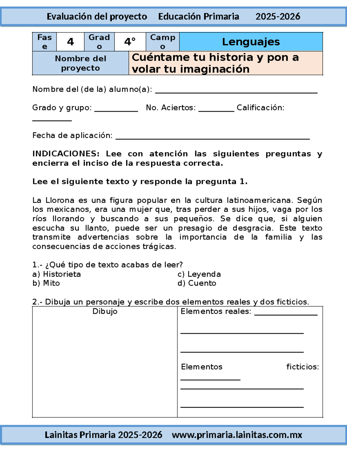 Evaluación del Proyecto de Lectura Dramatizada 4to Grado - Studocu
