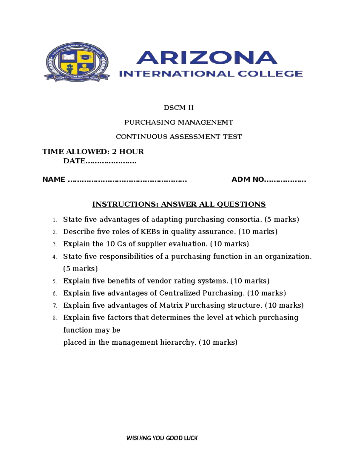 DSCM II Purchasing Management Continuous Assessment Test Guide - Studocu