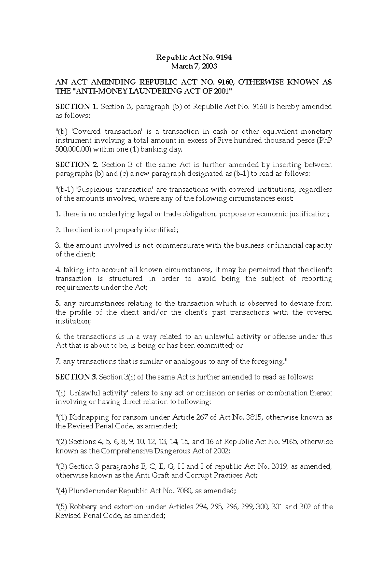 R.A. No. 9194: Amendments to the Money Laundering Act - Studocu