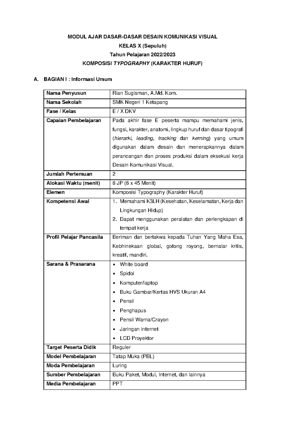 Modul Ajar Dasar 2 DKV: Elemen Komposisi Typography Kelas X - Studocu