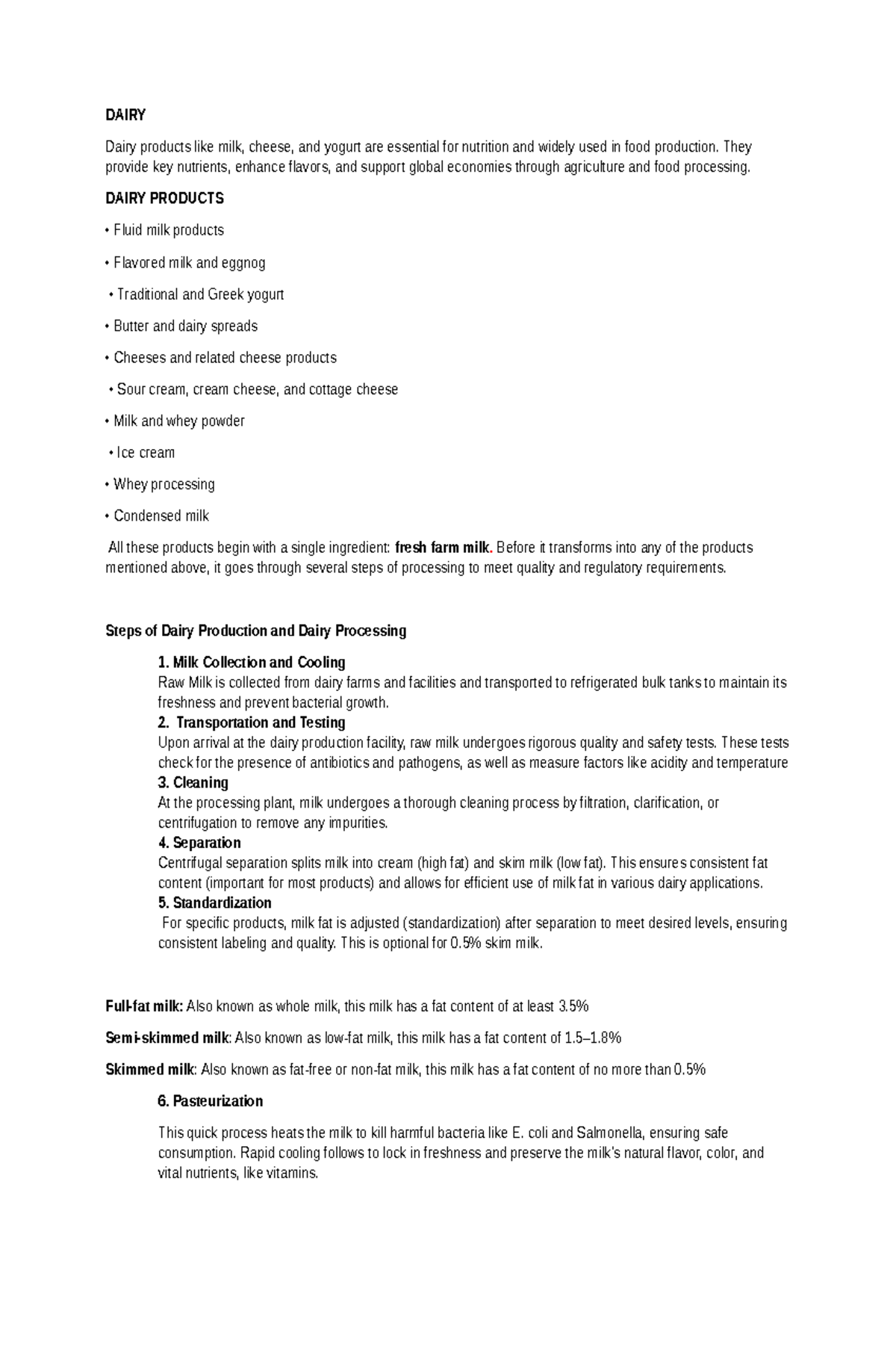 Dairy Products (MATERIAL SCIENCE) - DAIRY Dairy products like milk ...