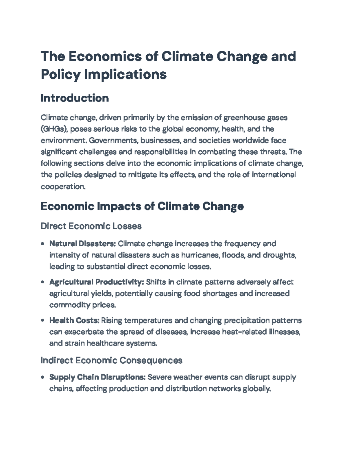 The Economics of Climate Change: Impacts and Policy Responses - The ...