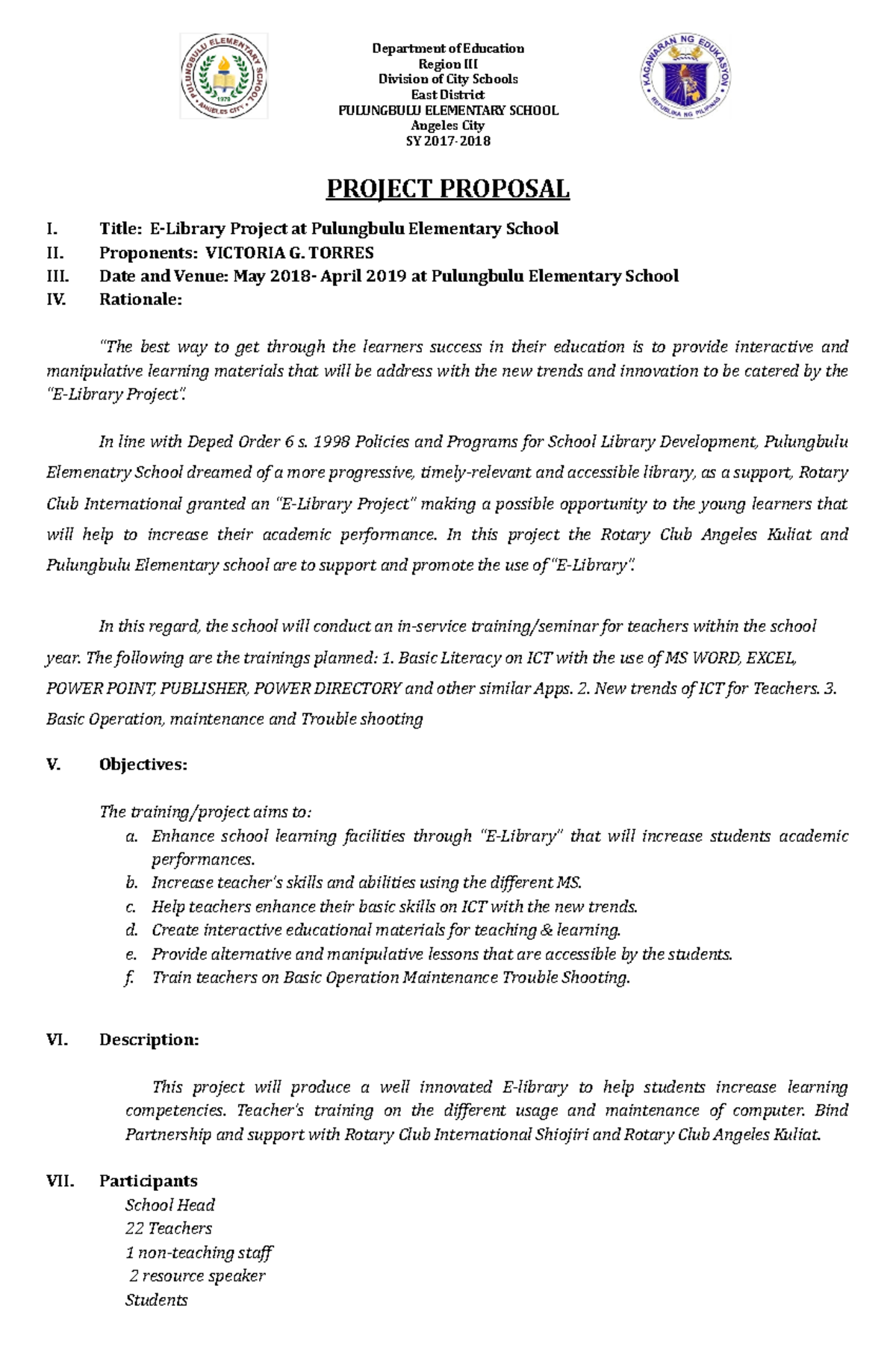 E-Library Project Proposal for Pulungbulu Elementary School 2017-2019 ...