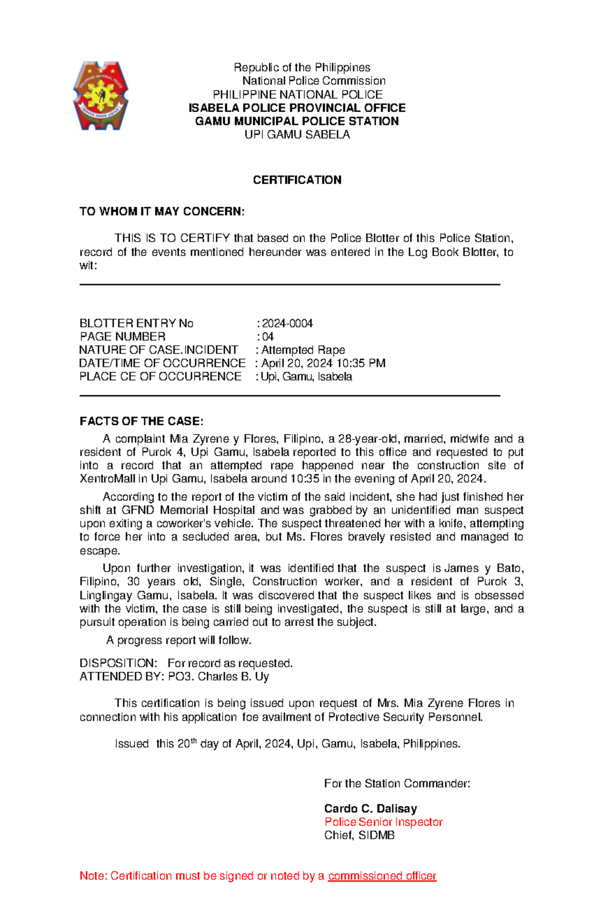 Police Blotter Report on Attempted Rape Incident - 2024 - Studocu