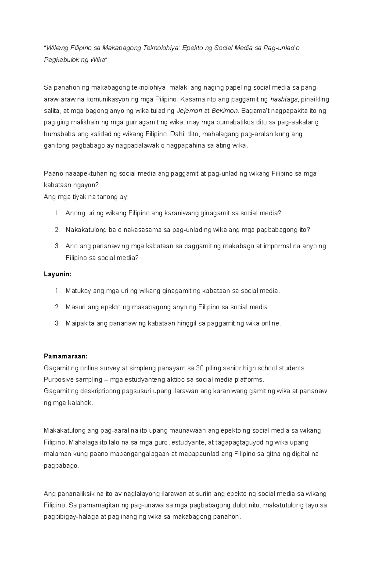Epekto ng Social Media sa Wikang Filipino: Isang Pagsusuri sa Kahalagahan - Studocu